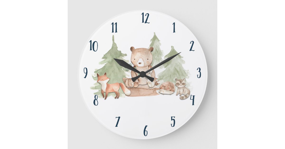 Watercolor Woodland Forest Animals Nursery Bedroom Large Clock | Zazzle