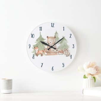 Watercolor Woodland Forest Animals Nursery Bedroom Large Clock | Zazzle