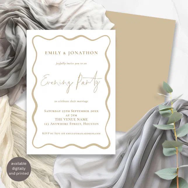 Wavy Line Border Gold Script Wedding Evening Party Invitation | Zazzle