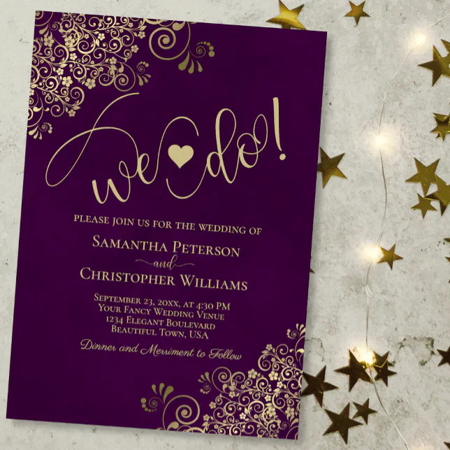 We Do! Elegant Frilly Plum Purple & Gold Wedding Invitation | Zazzle