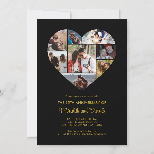 Wedding Anniversary Heart Photo Collage Black Invitation | Zazzle