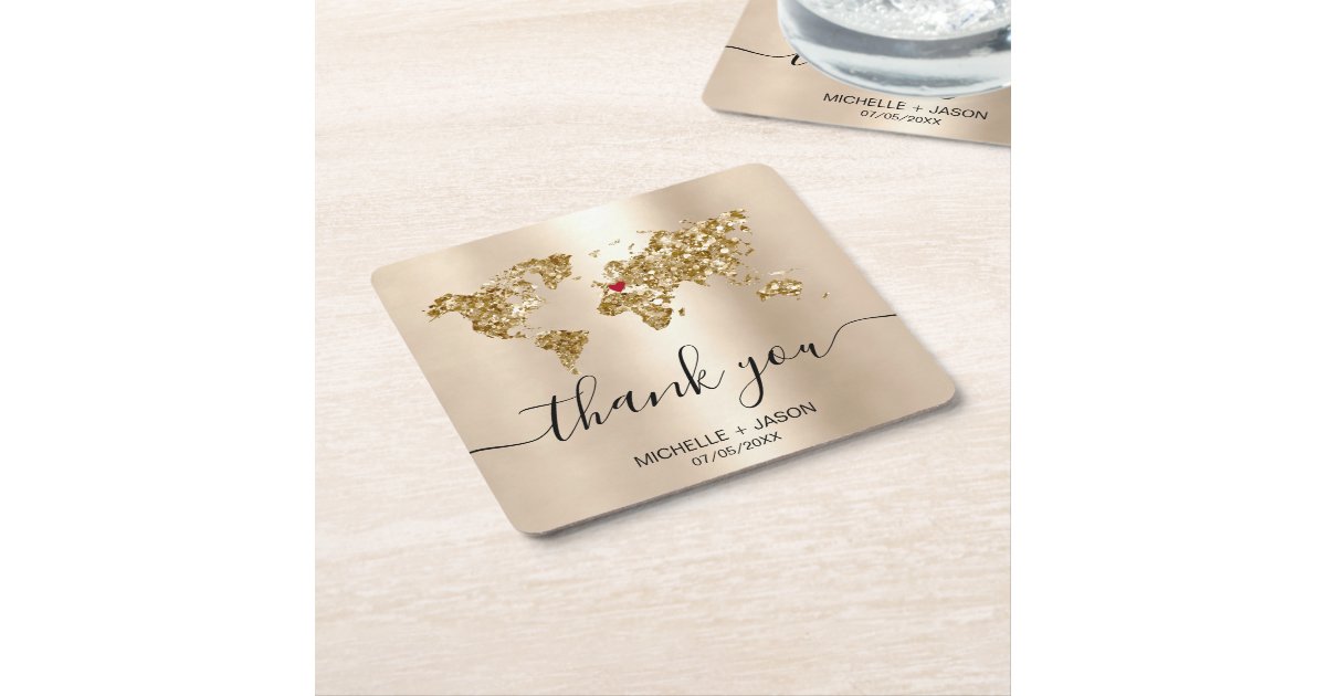 Wedding Destination Passport World Map Thank You Square Paper Coaster ...