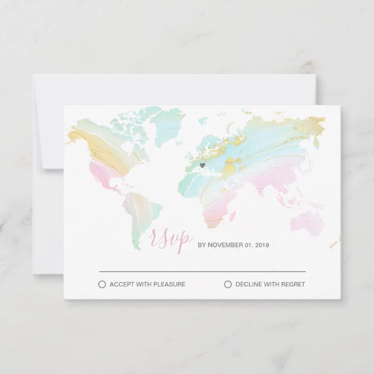 Wedding Destination World Map Removable Heart RSV RSVP Card | Zazzle