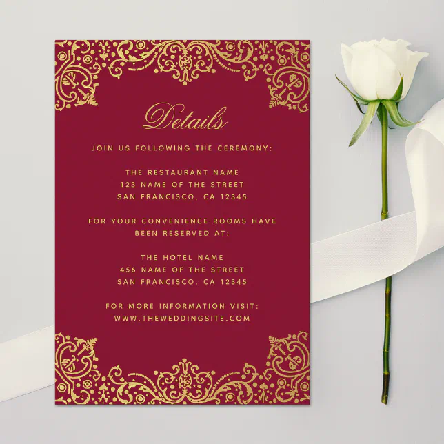 Wedding Details Deep Red Vintage Faux Gold Antique Enclosure Card | Zazzle