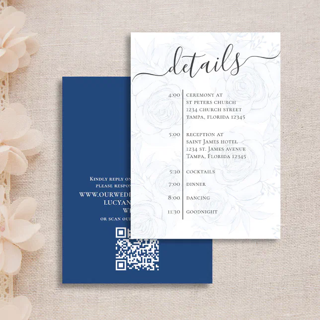 Wedding Details QR Code Blue Floral Timeline Enclosure Card | Zazzle