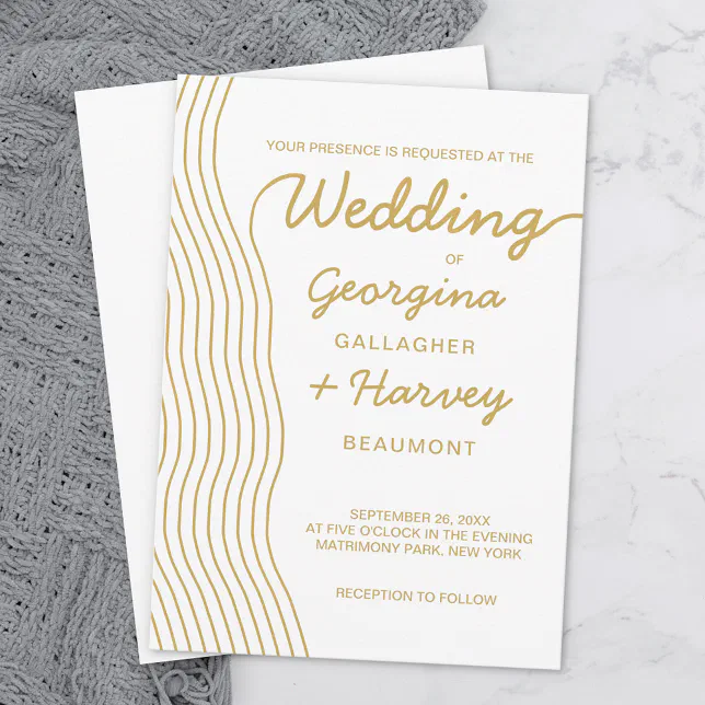 Wedding Gold White Wavy Lines Elegant Minimalist Invitation | Zazzle