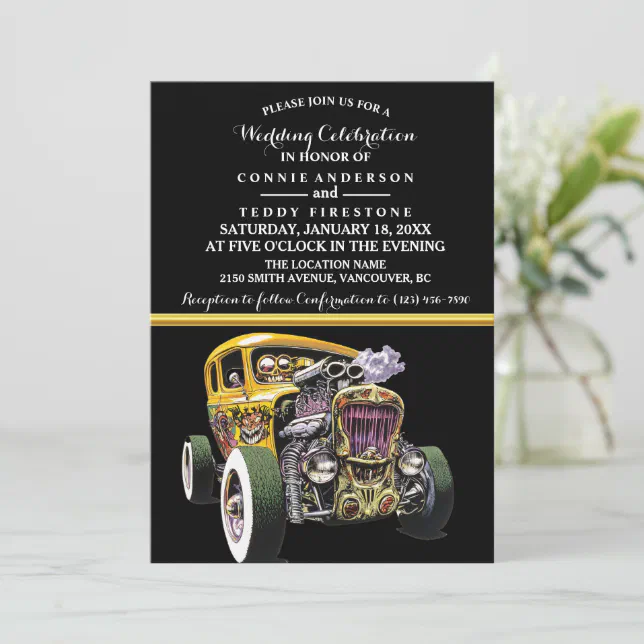 Wedding Invitation and Yellow Hot Rod | Zazzle
