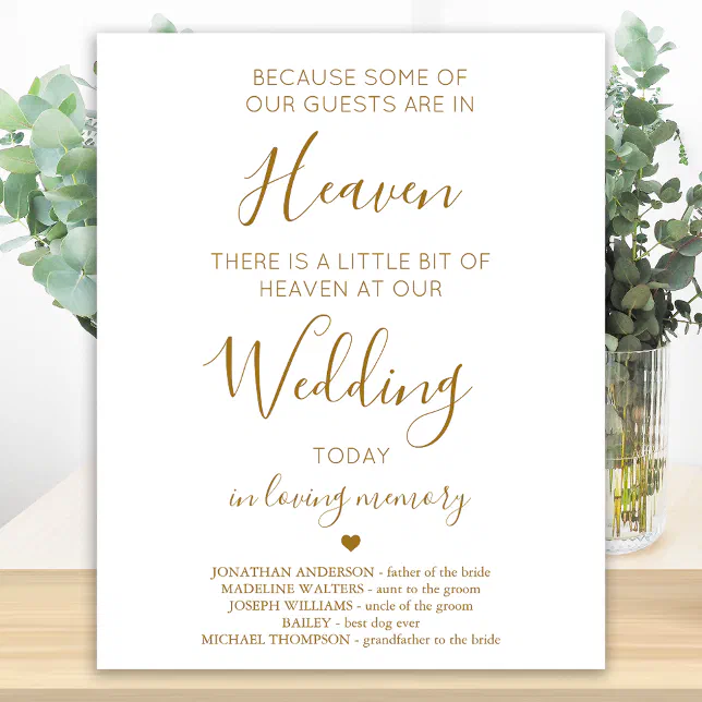 Wedding Memorial Gold Personalised Heaven Poem Poster | Zazzle