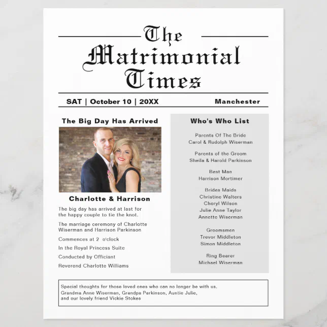 Wedding Program Novelty Newspaper Style Flyer | Zazzle