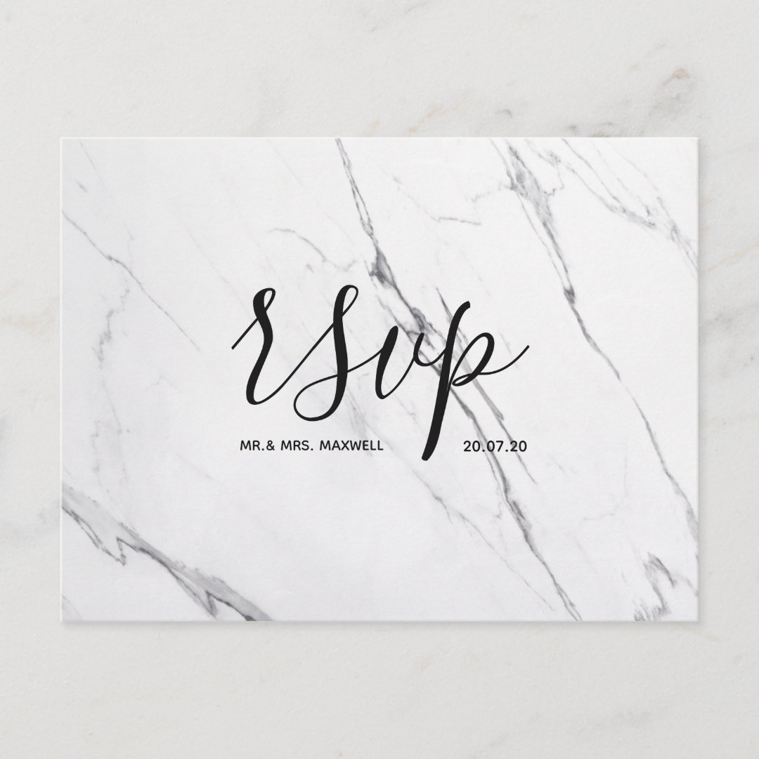 Wedding Rsvp card | White Marble Script Postcard | Zazzle