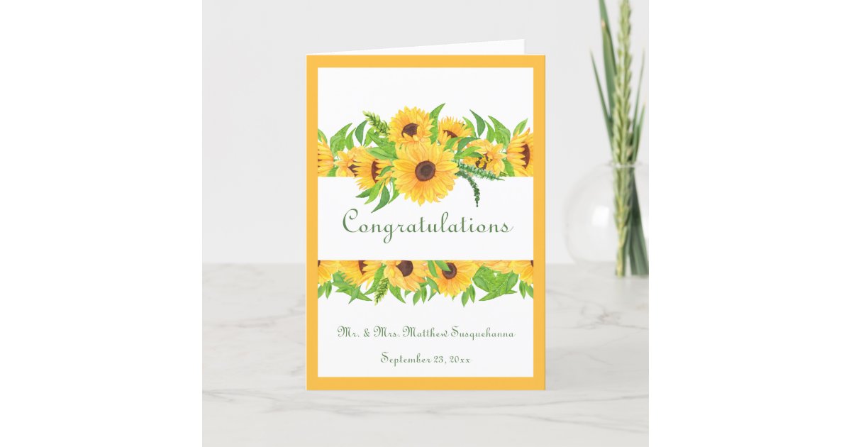 Wedding Yellow Sunflowers Name Congratulations Car Card | Zazzle