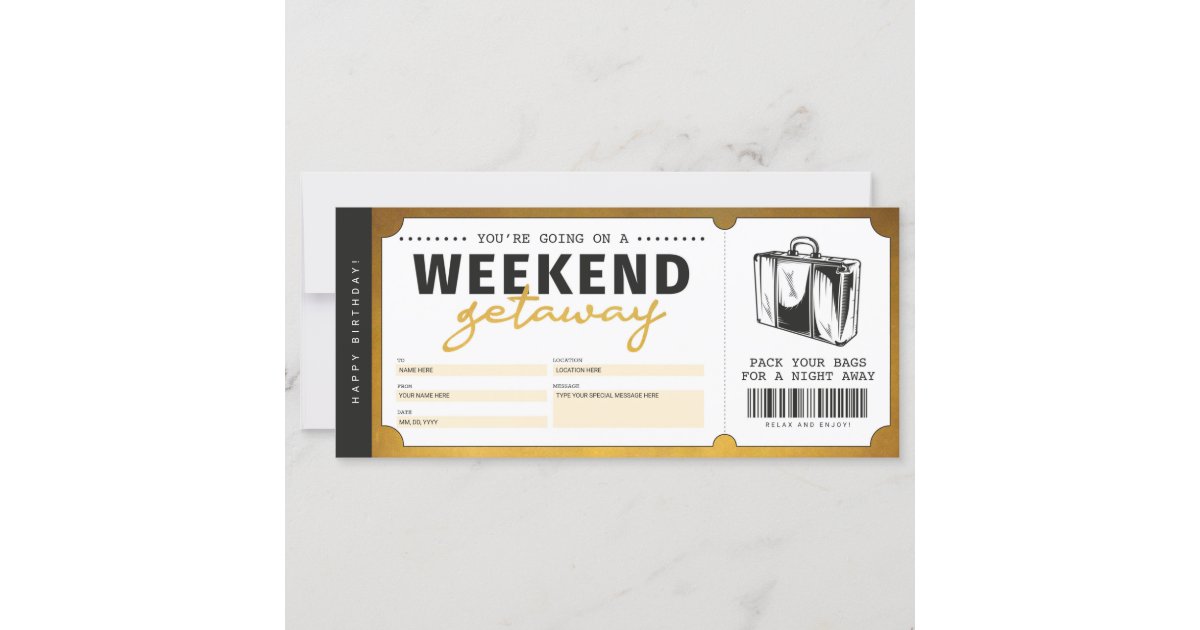 Weekend Getaway Gold Gift Travel Ticket Voucher | Zazzle