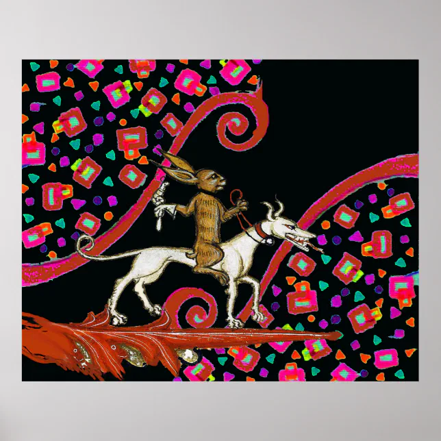 WEIRD MEDIEVAL BESTIARY Rabbit Riding a White Dog Poster | Zazzle