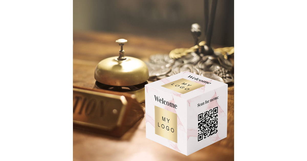 Welcome business logo QR code marble menu table Cube | Zazzle
