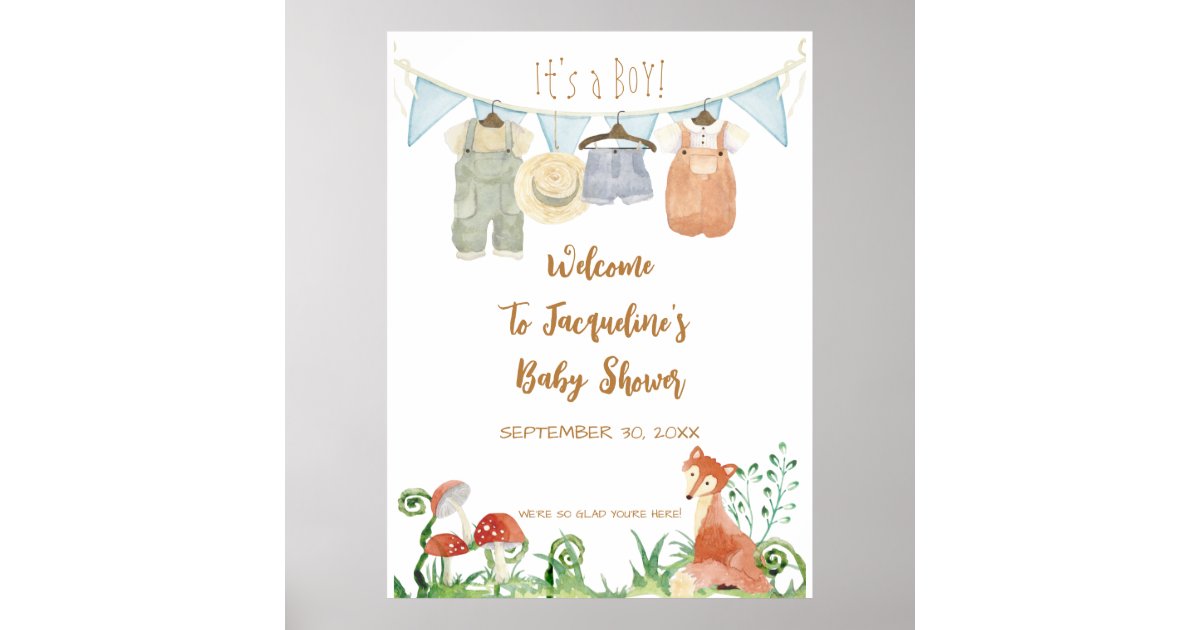 WELCOME Cottagecore Fox Mushrooms Baby Shower Poster | Zazzle