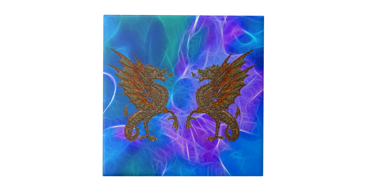 Welsh Celtic Dragons in Gold on Blues III Tile | Zazzle