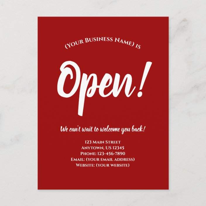 We're Open Business Reopening Announcement Red Postcard | Zazzle.co.uk