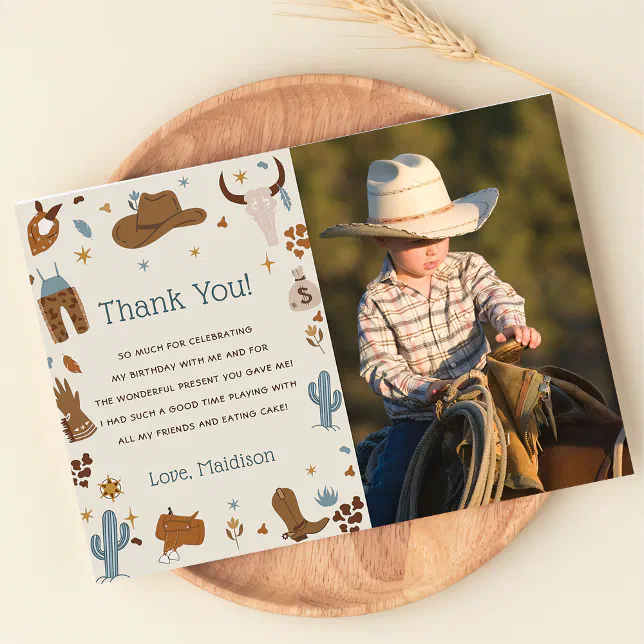 Western Cowboy Birthday Party Thank You Card Photo | Zazzle
