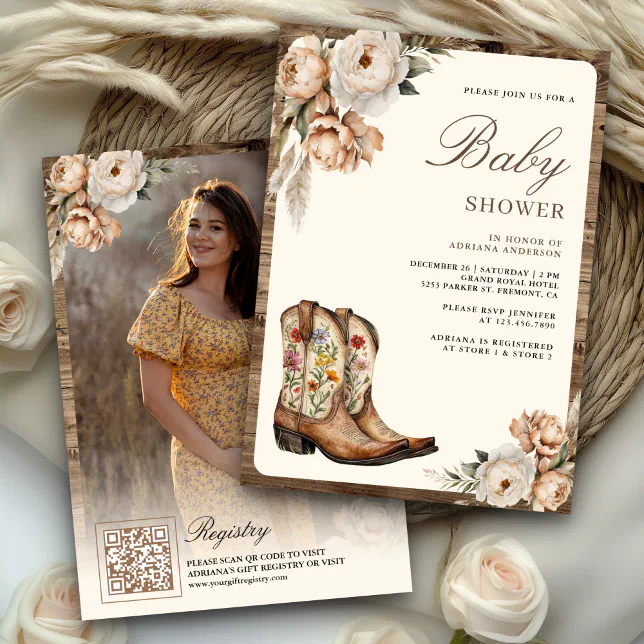 Western Cowboy Boots Photo QR Code Baby Shower Invitation | Zazzle