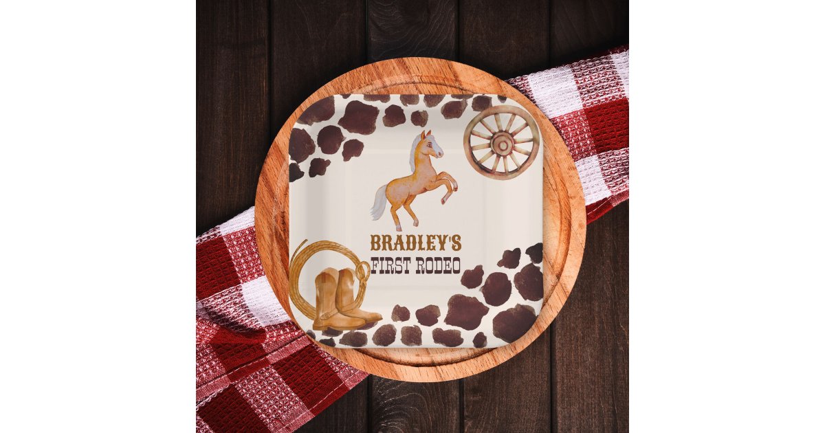 Western first rodeo saddle up horse birthday party paper plate | Zazzle