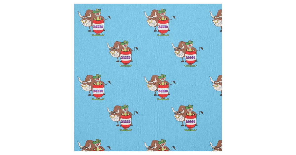 Western Rodeo Clown in Barrel And Bull Cartoon Fabric | Zazzle