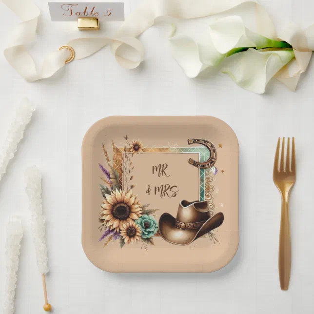 Western Rustic Wedding Mr & Mrs 7 Inch Square Paper Plate | Zazzle