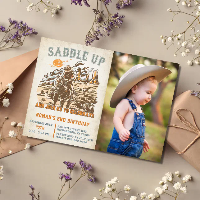 Western Saddle Up And Join Us For Birthday Photo Invitation | Zazzle