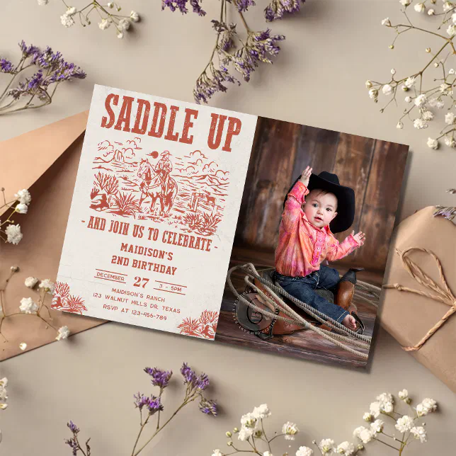Western Saddle Up And Join Us For Birthday Photo Invitation | Zazzle