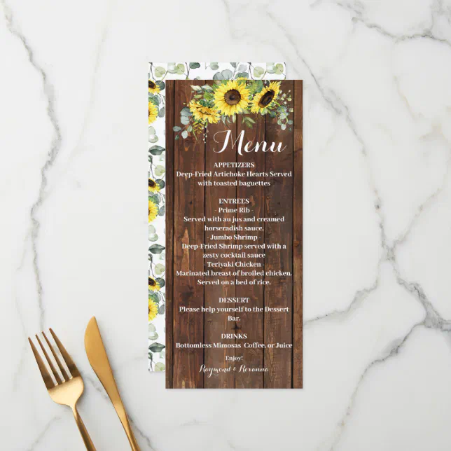 Western Sunflowers Greenery Wedding Bridal Shower Menu | Zazzle