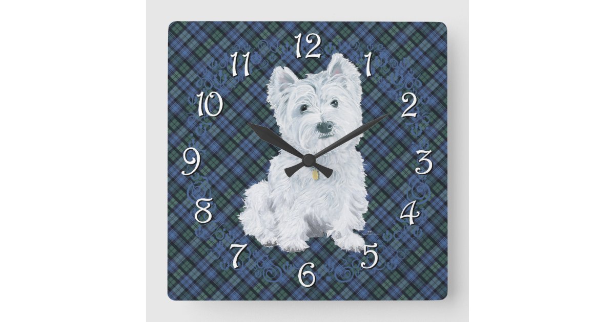 Westie Black Watch Tartan Square Wall Clock | Zazzle