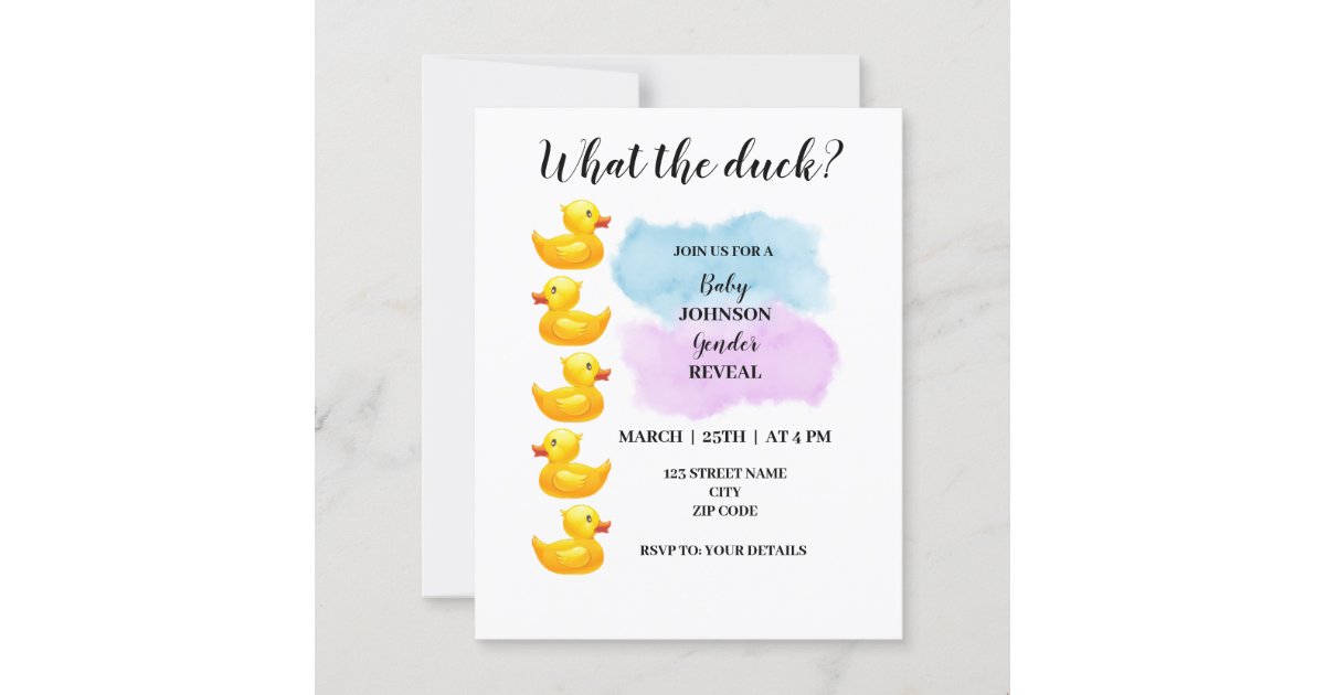 What the duck themed gender reveal invitation | Zazzle