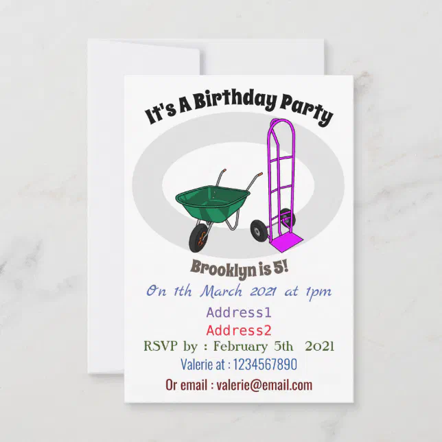 Wheelbarrow & hand trolley cartoon illustration invitation | Zazzle