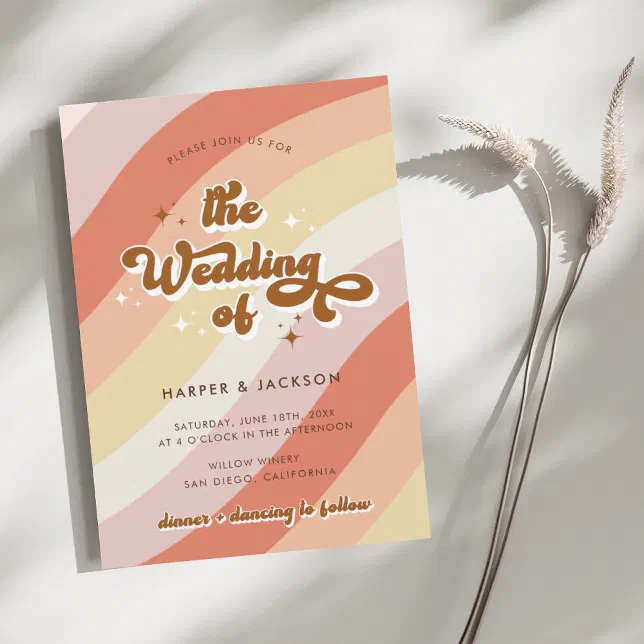 Whimsical Bright Colours Orange Retro 70s Wedding Invitation | Zazzle