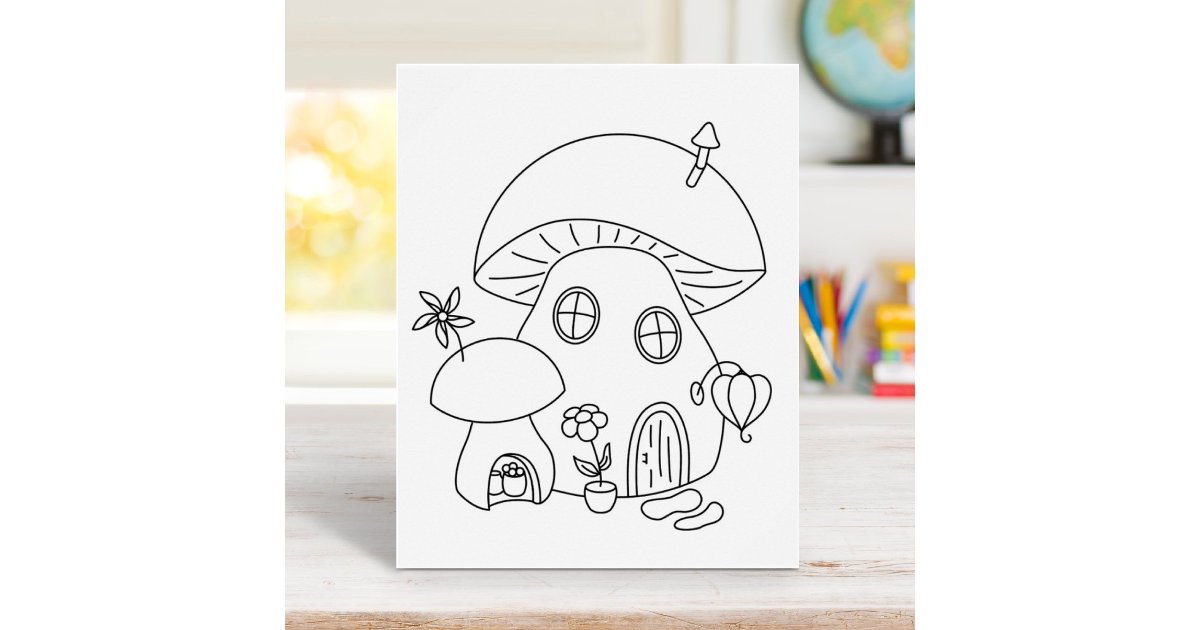 Whimsical Fairy Mushroom Colouring Page Poster | Zazzle