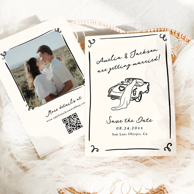 Whimsical Hand Drawn Save the Date Photo QR code Invitation | Zazzle