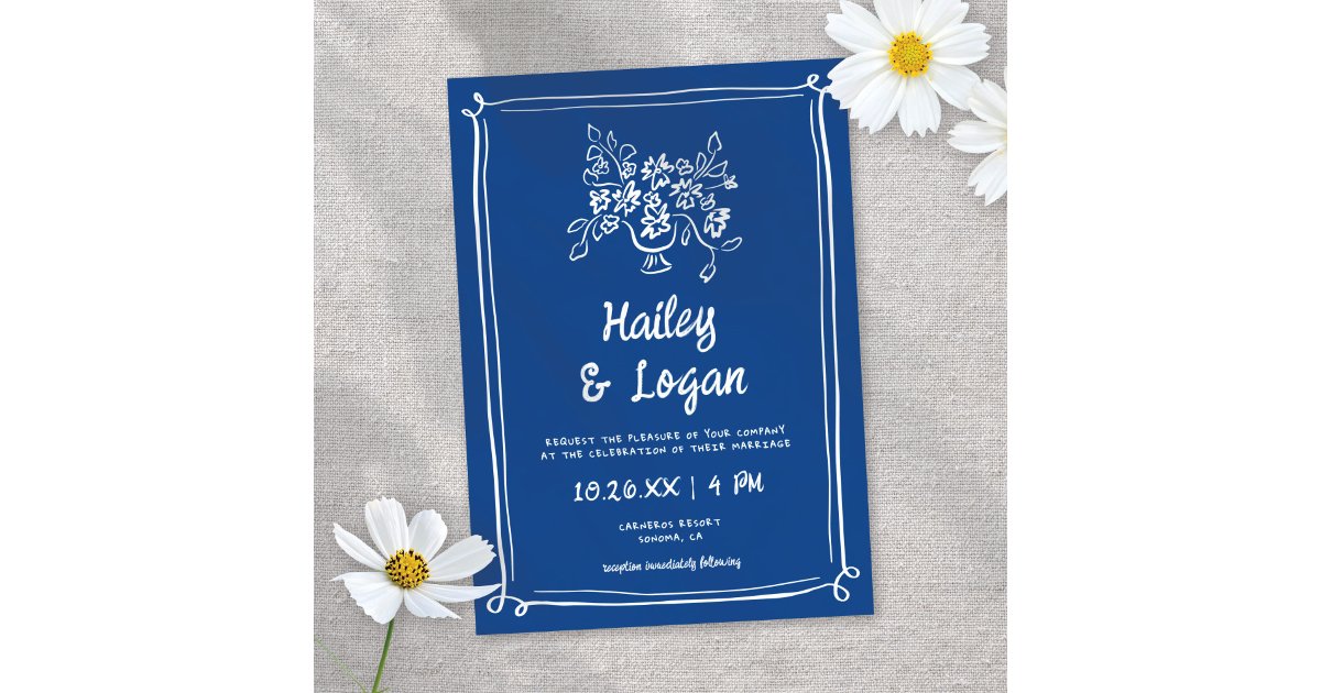 Whimsical Illustrated Blue Hand-drawn Fun Wedding Invitation | Zazzle