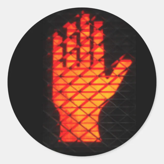 Whimsical orange stoplight "WAIT" hand symbol on Classic Round Sticker ...