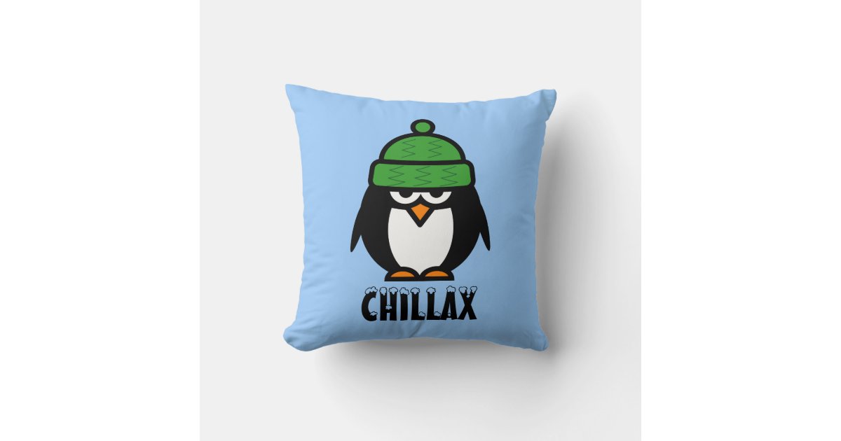 Whimsical penguin cartoon throw pillow | chillax | Zazzle