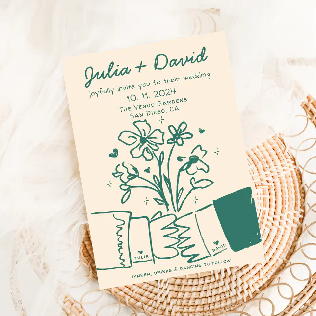 Whimsical Quirky Handwritten Green Floral Wedding Invitation | Zazzle