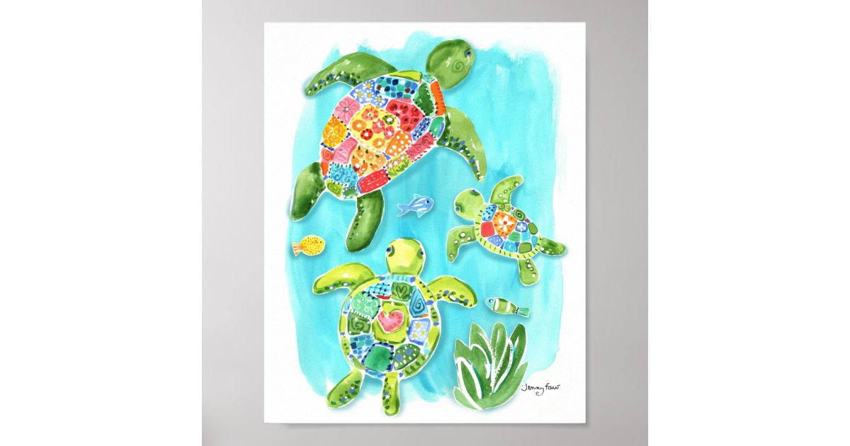 Whimsical Sea Turtles Poster | Zazzle