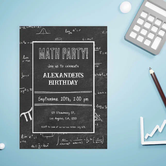 White Black Math Formulas Chalkboard Birthday Invitation | Zazzle