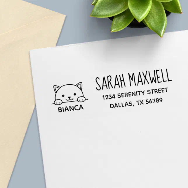 White Cat Pet Name Address Self-inking Stamp | Zazzle