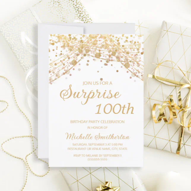 White Gold String Lights Surprise 100th Birthday Invitation | Zazzle