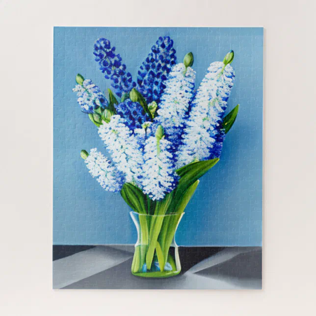 White Hyacinths in a Glass Vase on Blue Jigsaw Puzzle | Zazzle