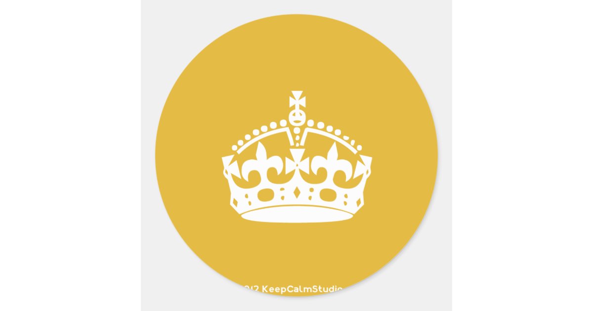 White Keep Calm Crown on Gold Background Classic Round Sticker | Zazzle