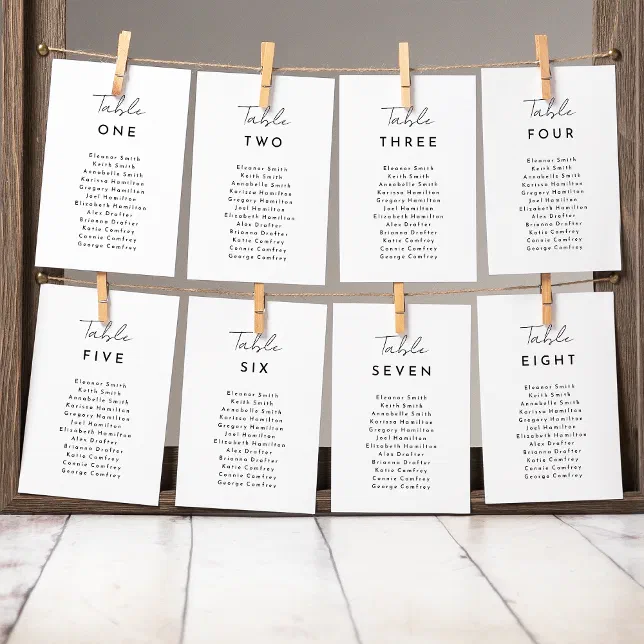 White Modern Script Hanging Seating Chart Card | Zazzle