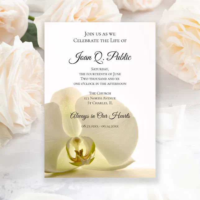 White Orchid Flower Celebration of Life Memorial Invitation | Zazzle