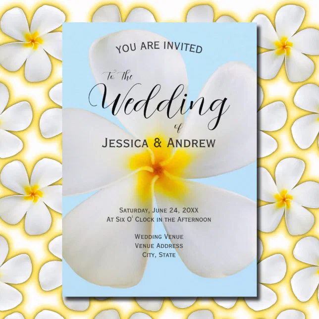 White Plumeria on Blue, Tropical, Floral Wedding Invitation | Zazzle