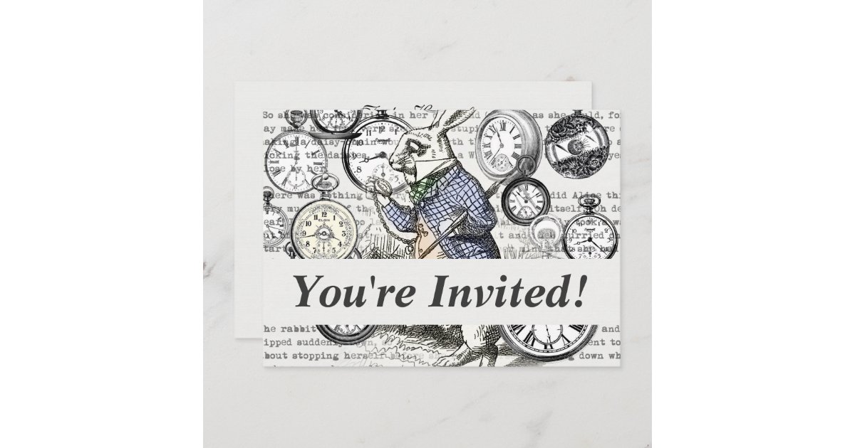 White Rabbit Alice in Wonderland Clocks Invitation | Zazzle