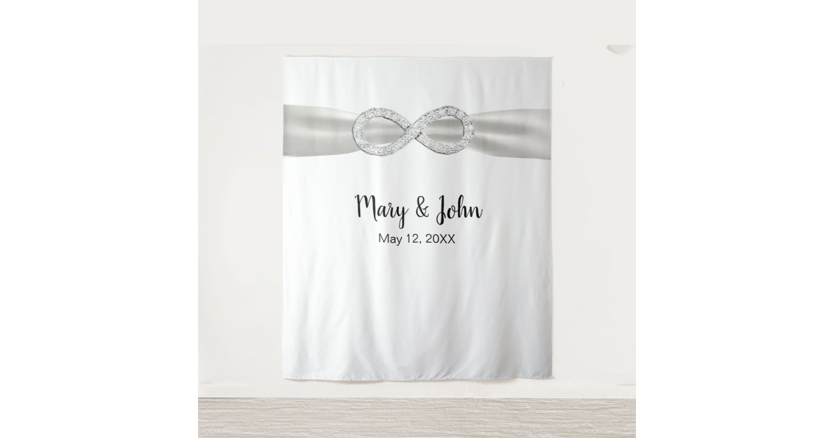 White Ribbon Diamond Infinity Wedding Backdrop Tapestry | Zazzle